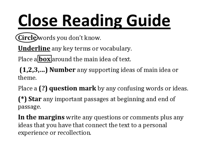 Close Reading Guide: Circle Underline Box (1,2,3, ) Number (?) Question ...