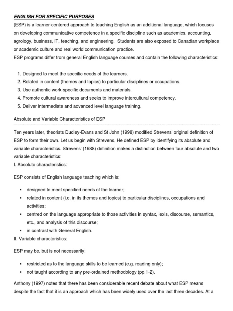 English For Specific Purposes | PDF | Language Education | English As A ...