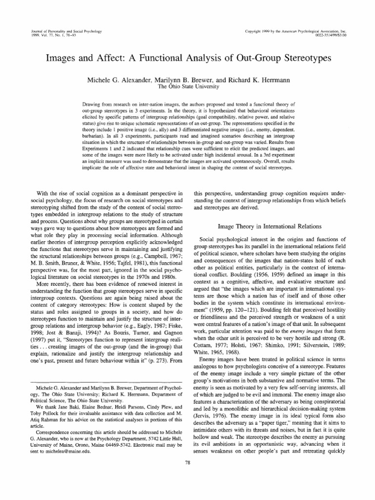 Alexander, Brewer & Herrmann, 1999 PDF | PDF | Stereotypes | Affect ...