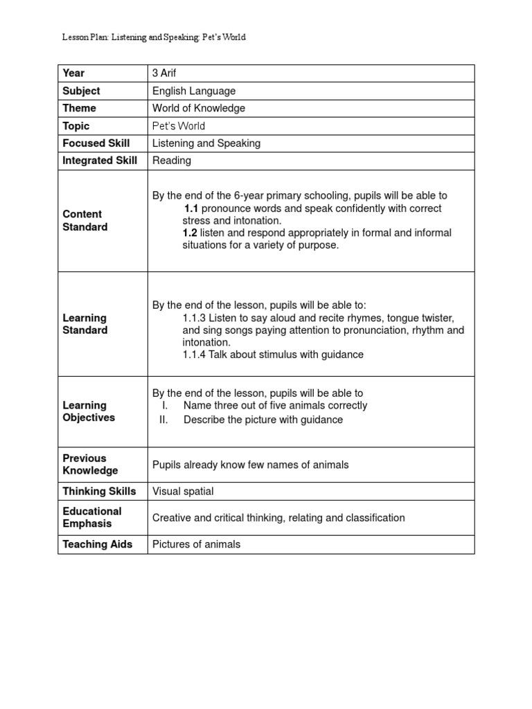 Lesson Plan Year 3 LNS Pets World | PDF | Lesson Plan | Question