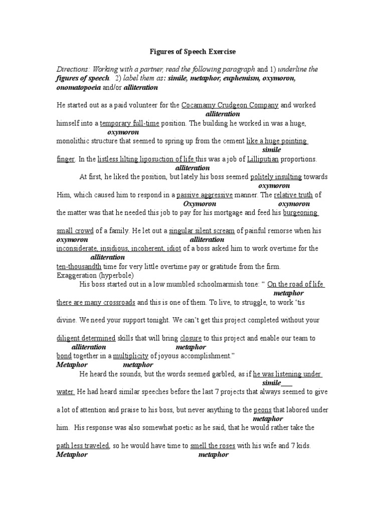 Figures of Speech Exercise: Metaphors, Similes and Alliteration Abound ...