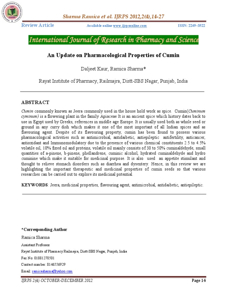Cumin: Pharmacological Benefits and Uses | PDF | Cumin | Digestion