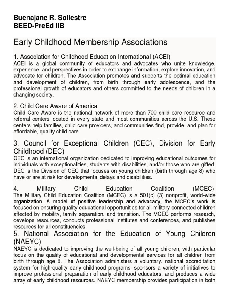 Early Childhood Membership Associations: Buenajane R. Sollestre Beed-Preed Iib | PDF | Childhood ...