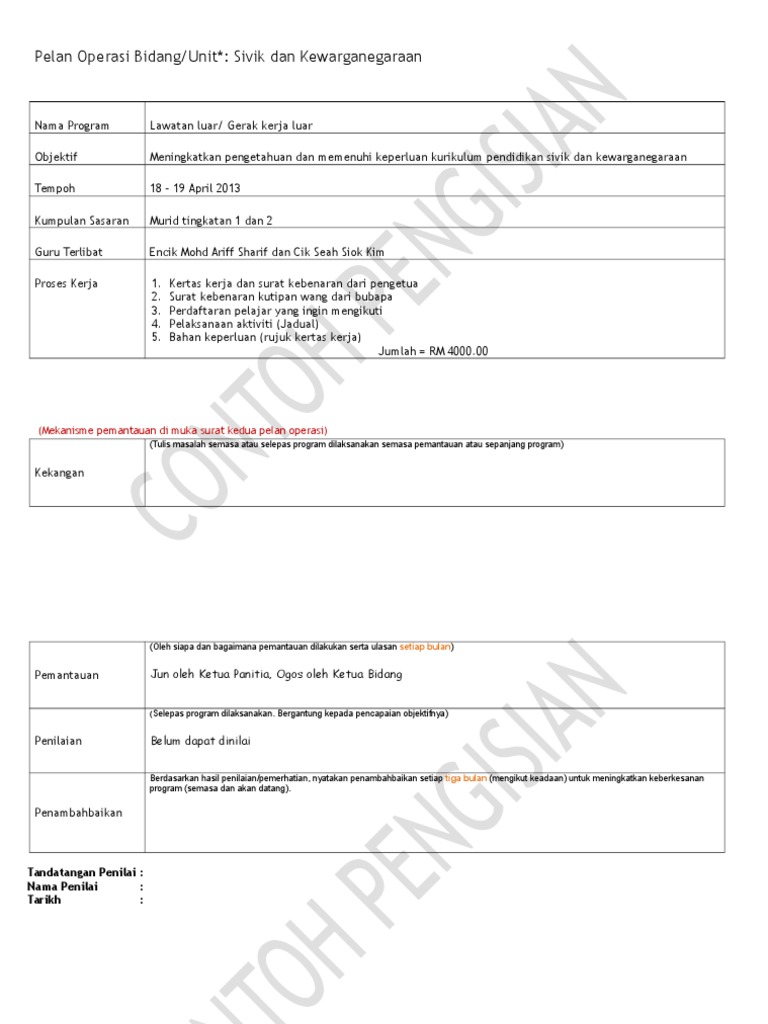 Contoh Pengisian Pelan Operasi | PDF