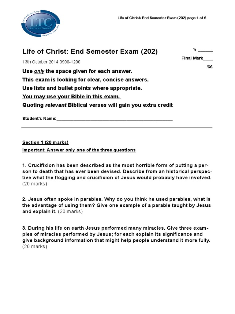 Life of Christ Exam Questions | PDF | Resurrection Of Jesus | People ...