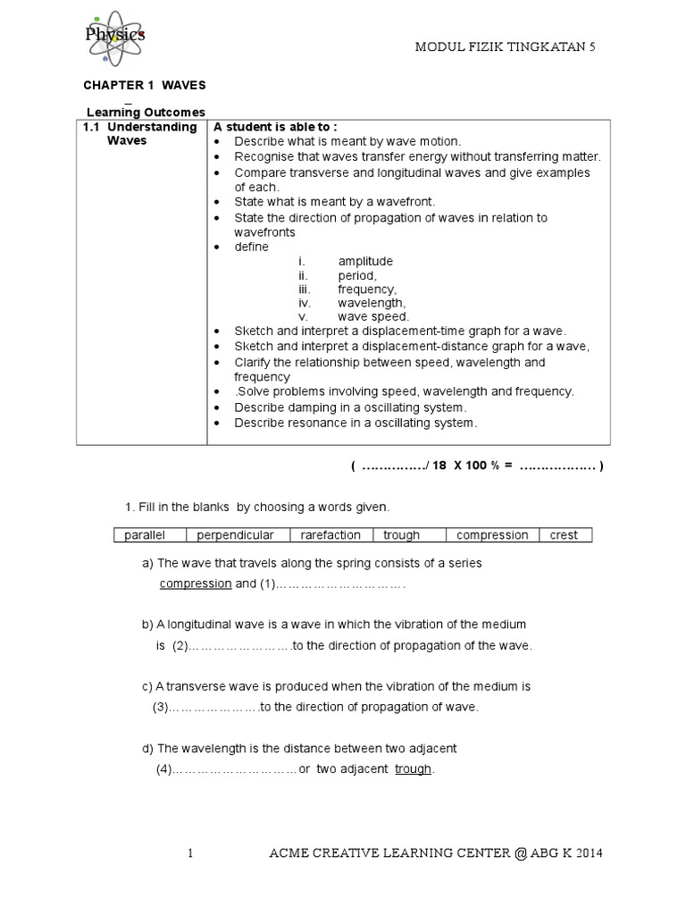 Modul Fizik Tingkatan 5: Chapter 1 Waves Learning Outcomes 1.1 Understanding Waves A Student Is ...