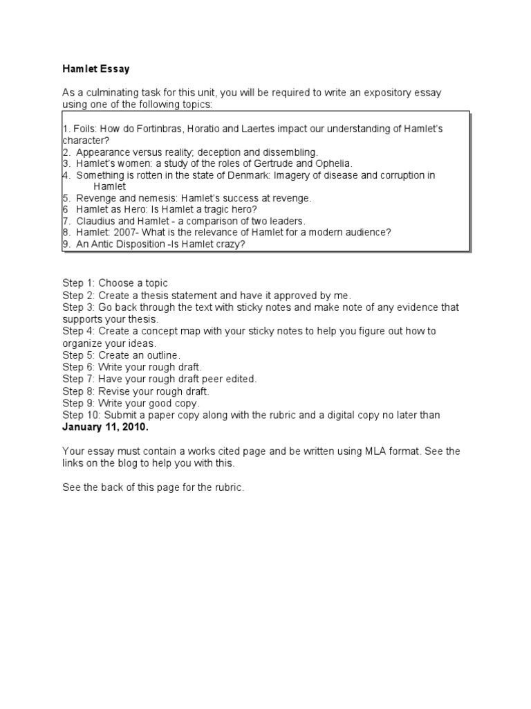 Hamlet EssayAs A Culminating Task For This Unit | PDF | Hamlet | Essays