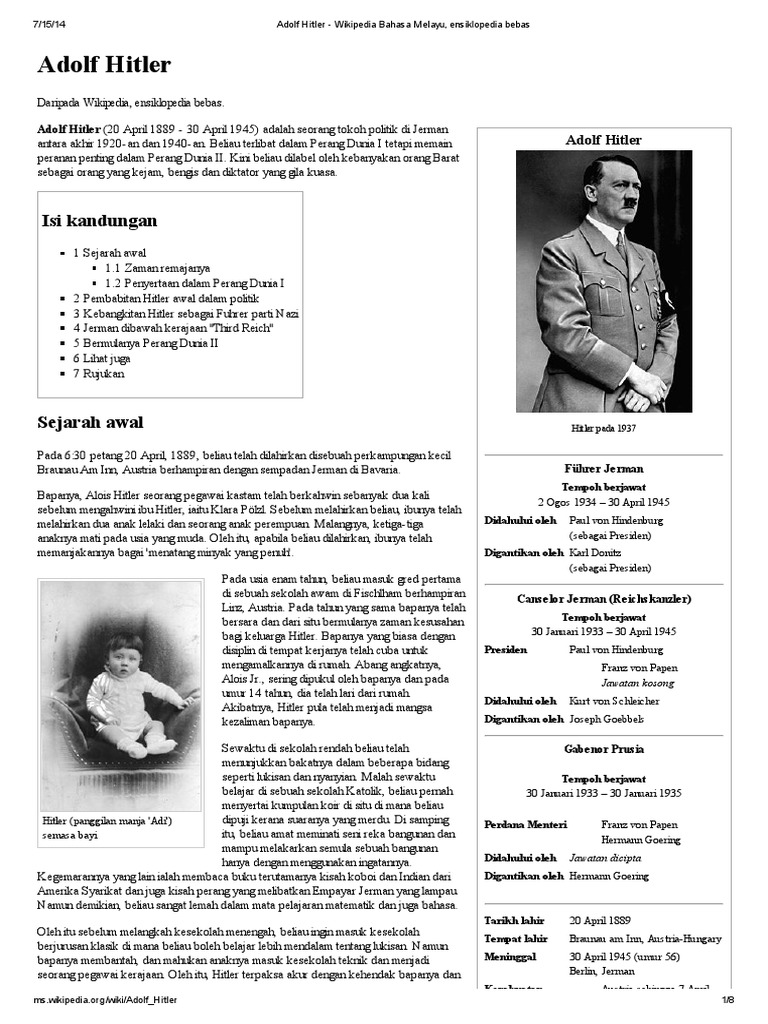 Adolf Hitler - Wikipedia Bahasa Melayu, Ensiklopedia Bebas | PDF