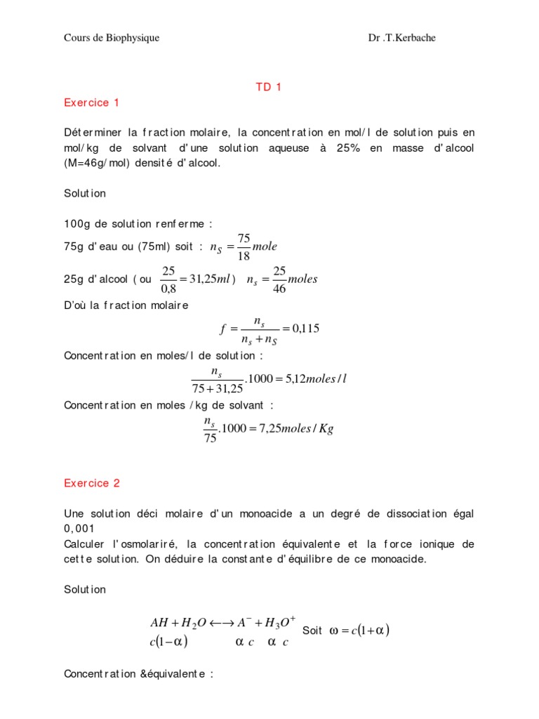 Calcul des concentrations et osmolarité | PDF | Concentration molaire ...