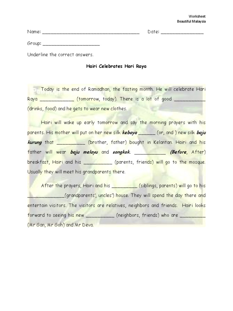 Hari Raya Celebration Worksheet | PDF