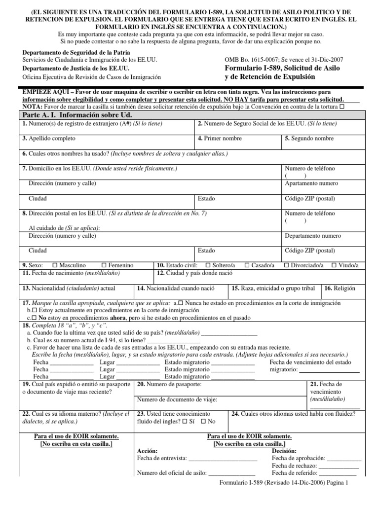 Formulario I-589 en Español PDF | PDF | Pasaporte | Visa de viaje