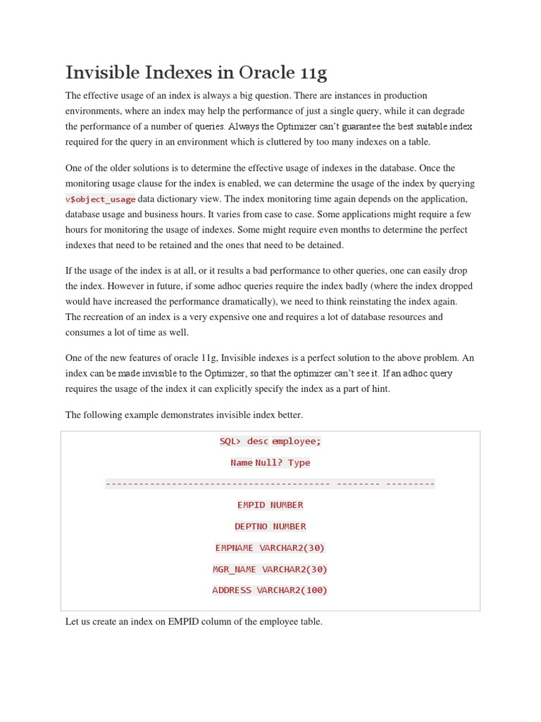 Invisible Indexes in Oracle 11g | PDF | Database Index | Oracle Database