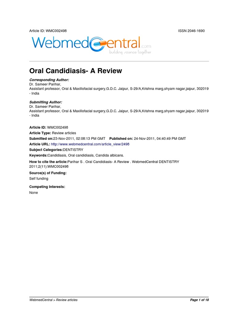 Oral Candidiasis - A Review PDF | PDF | Candidiasis | Medicine