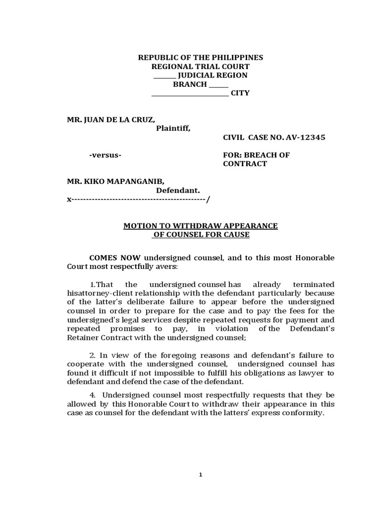 Legal Counsel Withdrawal Motion | PDF | Lawsuit | Judiciaries