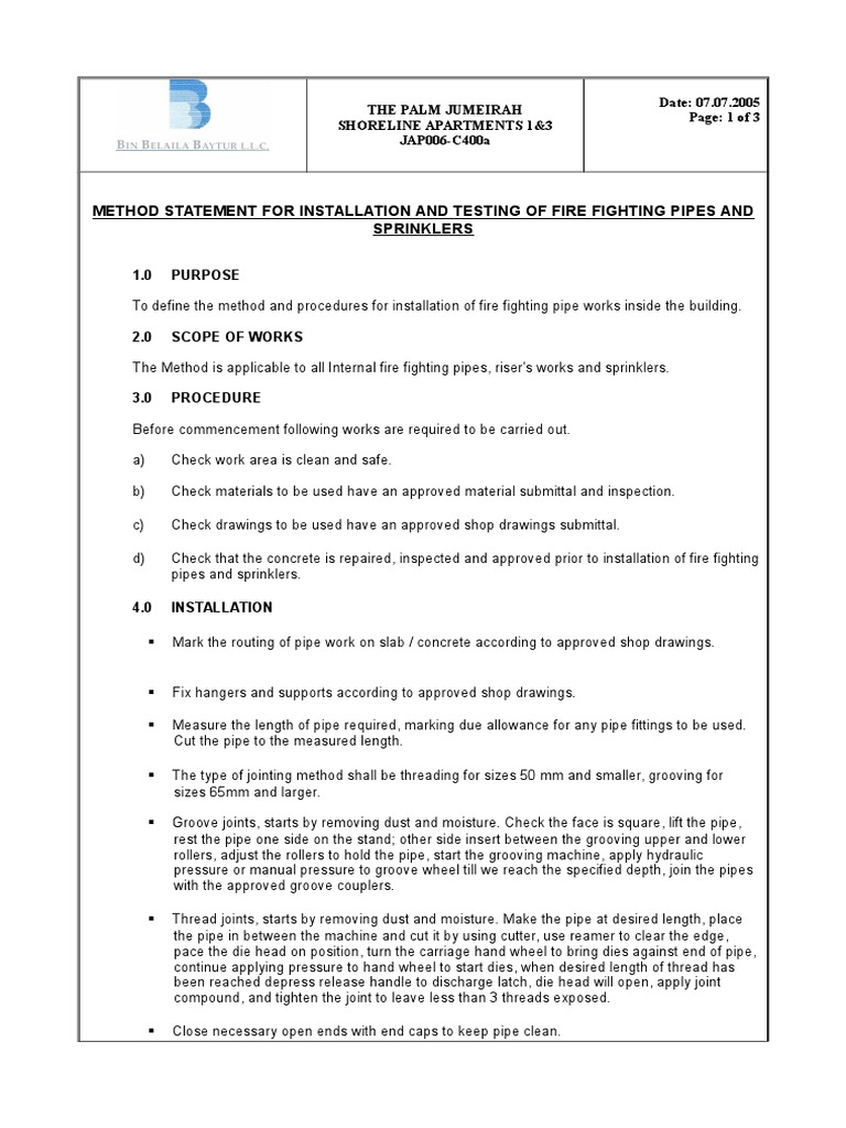 0983 03 Method Statement For Installation And Testing Of Fire Fighting