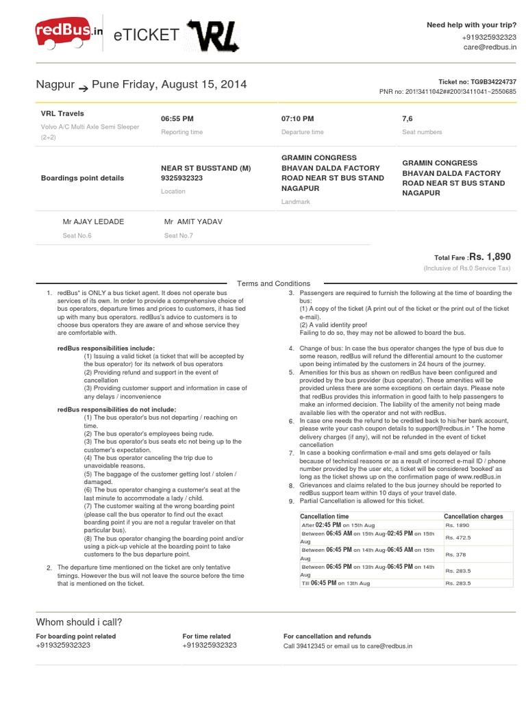 Nagpur to Pune Bus Ticket - AjAY & AMIT_14.08.2014 | Ticket (Admission) | Bus