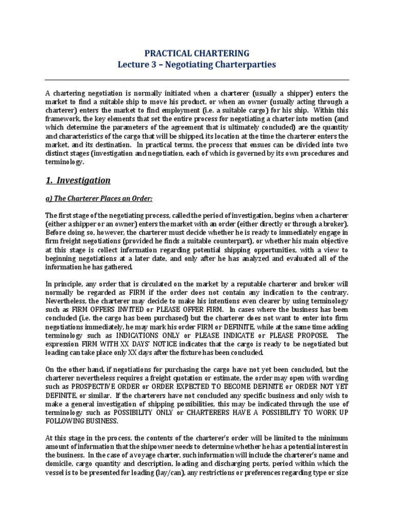 CHARTERING Lecture 3 Notes | PDF | Cargo | Negotiation
