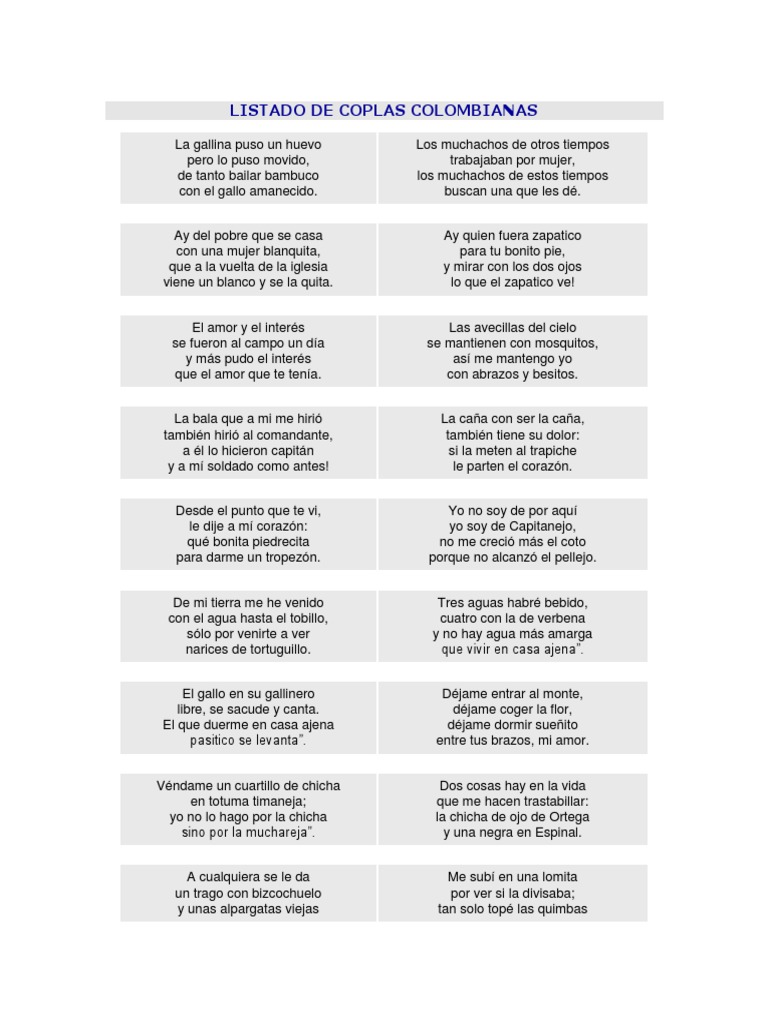 Colección de coplas y versos populares colombianos | PDF | Cocina ...