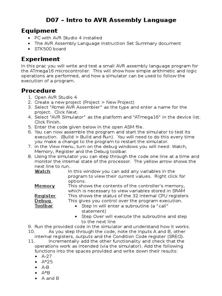D07 - Intro To AVR Assembly Language Equipment: Watch | PDF | Digital ...