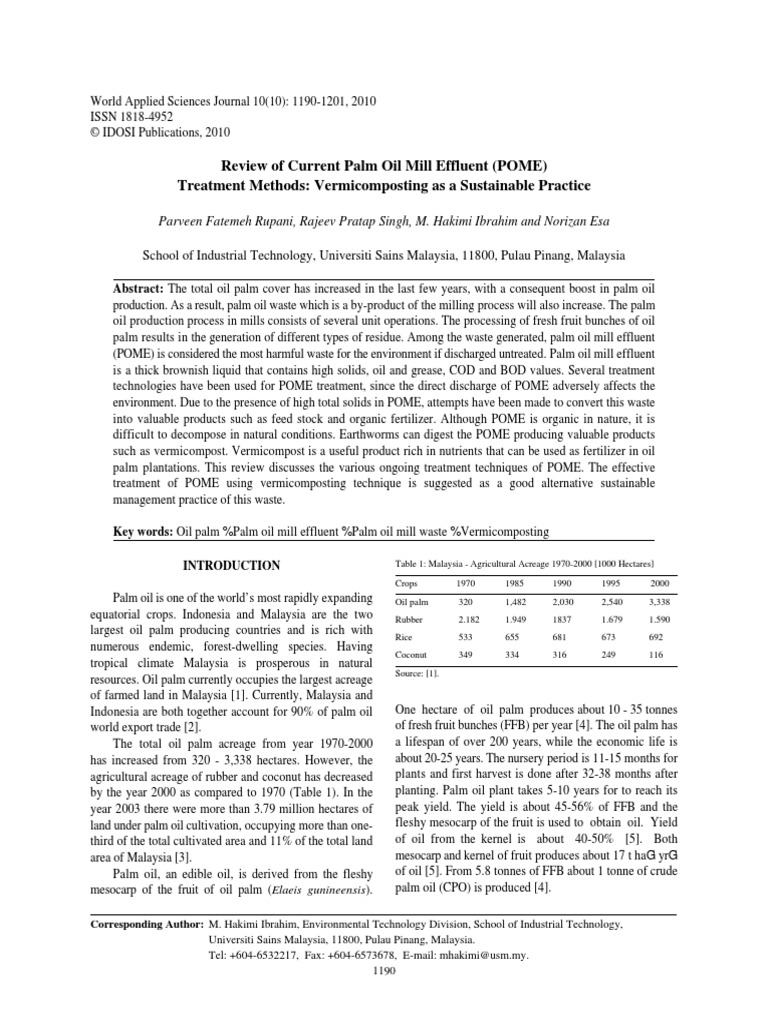 Rupani 2010 Review of Current Palm Oil Mill Effluent (POME) Treatment ...