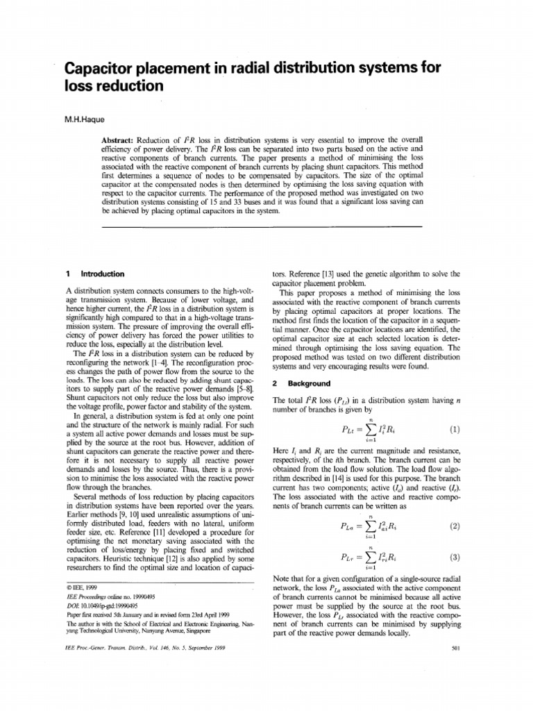 Capacitor Placement in Radial Distribution Systems For Loss Reduction ...