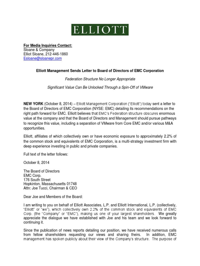 Elliott - EMC Letter | PDF | V Mware | Share Repurchase