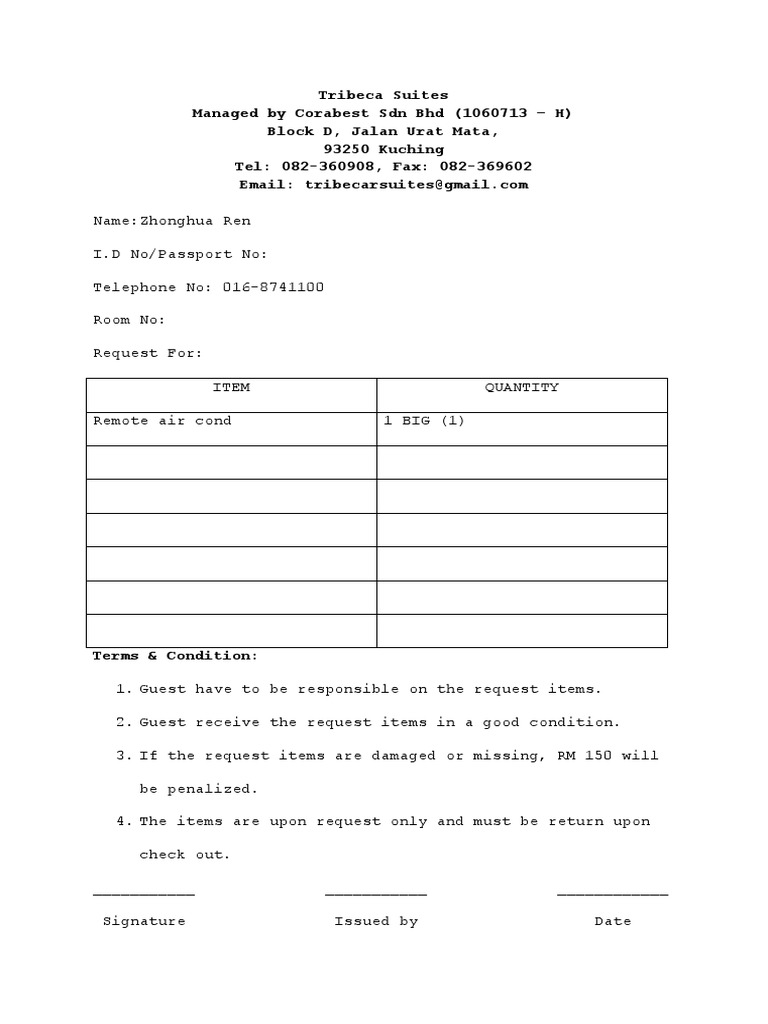 Tribeca Suites Item Request Form | PDF