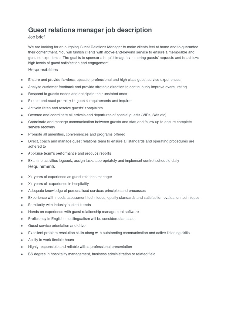 Guest Relations Manager Job Description | PDF | Iso 9000 | Quality ...