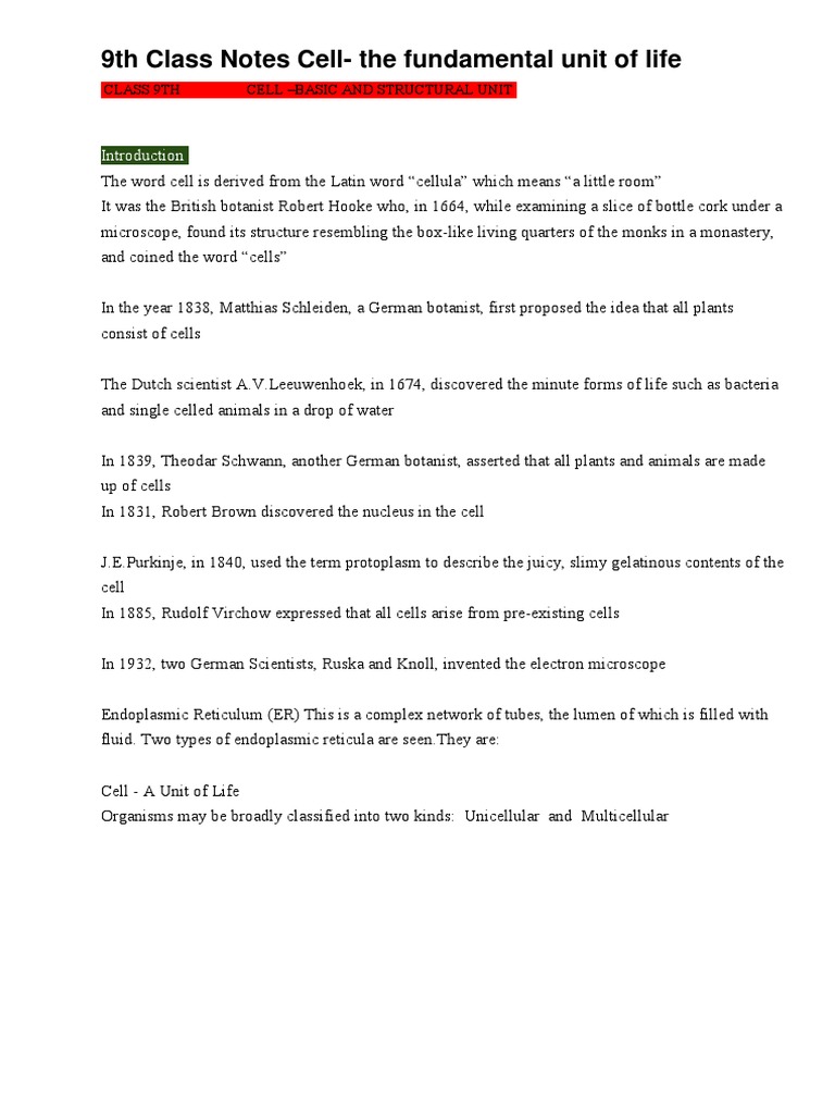 9th Class Notes Cell - The Fundamental Unit of Life | PDF | Cell ...