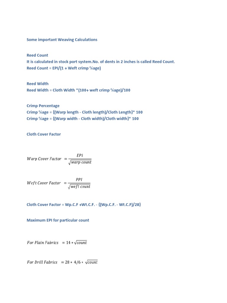 Some Important Weaving Calculations | PDF | Weaving | Textiles