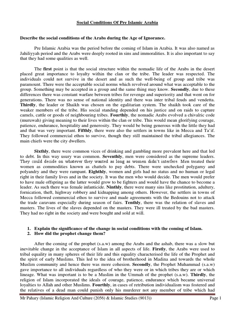 Social Conditions of Pre Islamic Arabia | PDF | Ummah | Muhammad