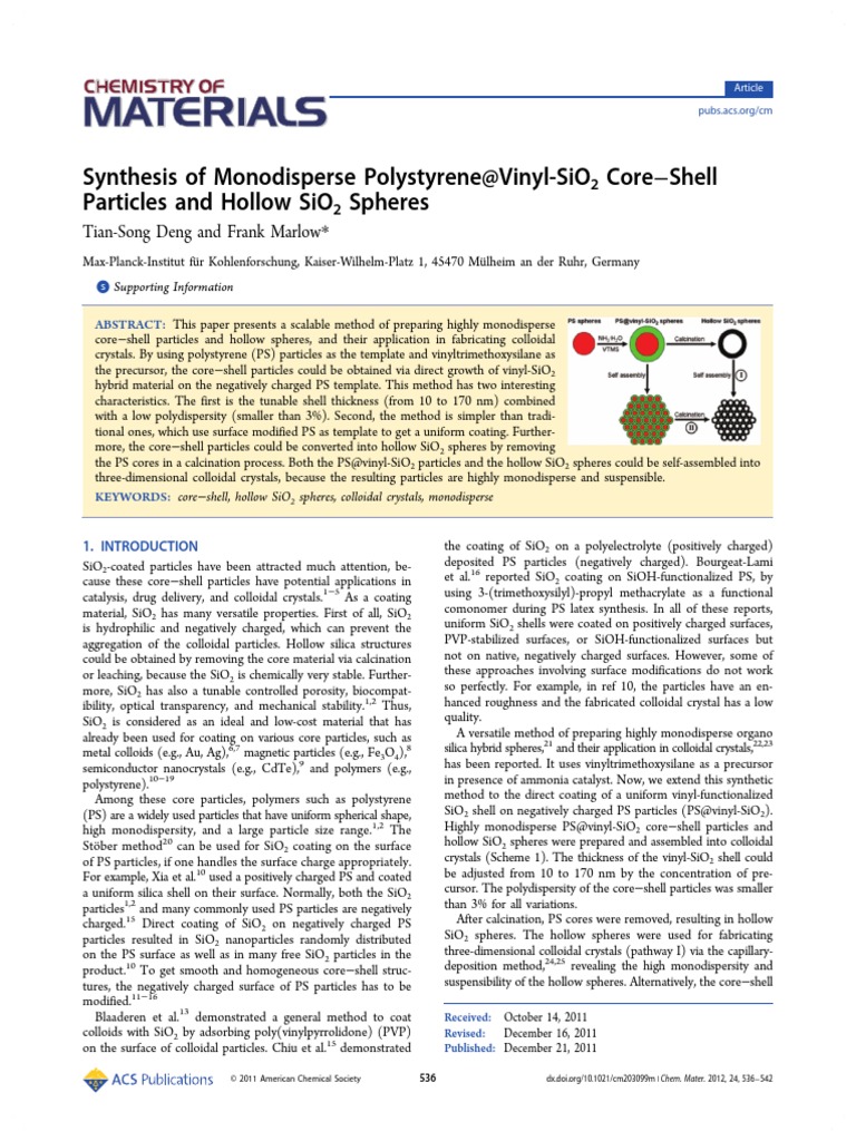 Synthesis of Monodisperse Polystyrene@Vinyl-SiO2 Core-Shell Particles and Hollow SiO2 Spheres ...