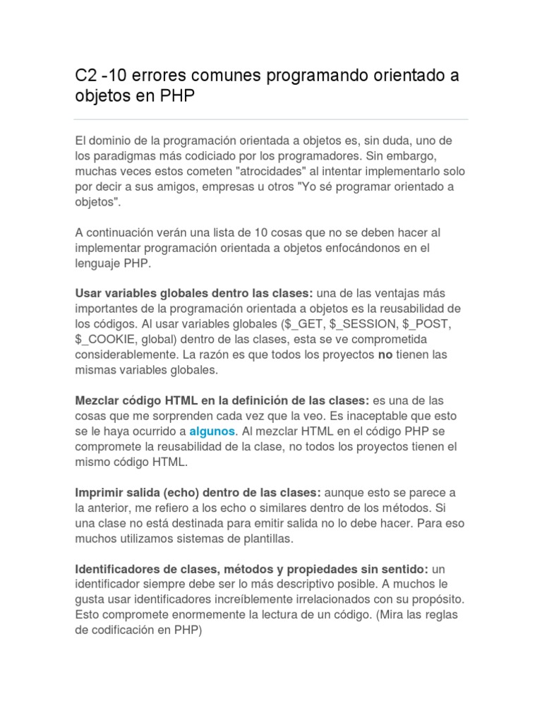 C2 - 10 Errores Comunes Programando Orientado A Objetos en PHP PDF | PDF | Clase (Programación ...