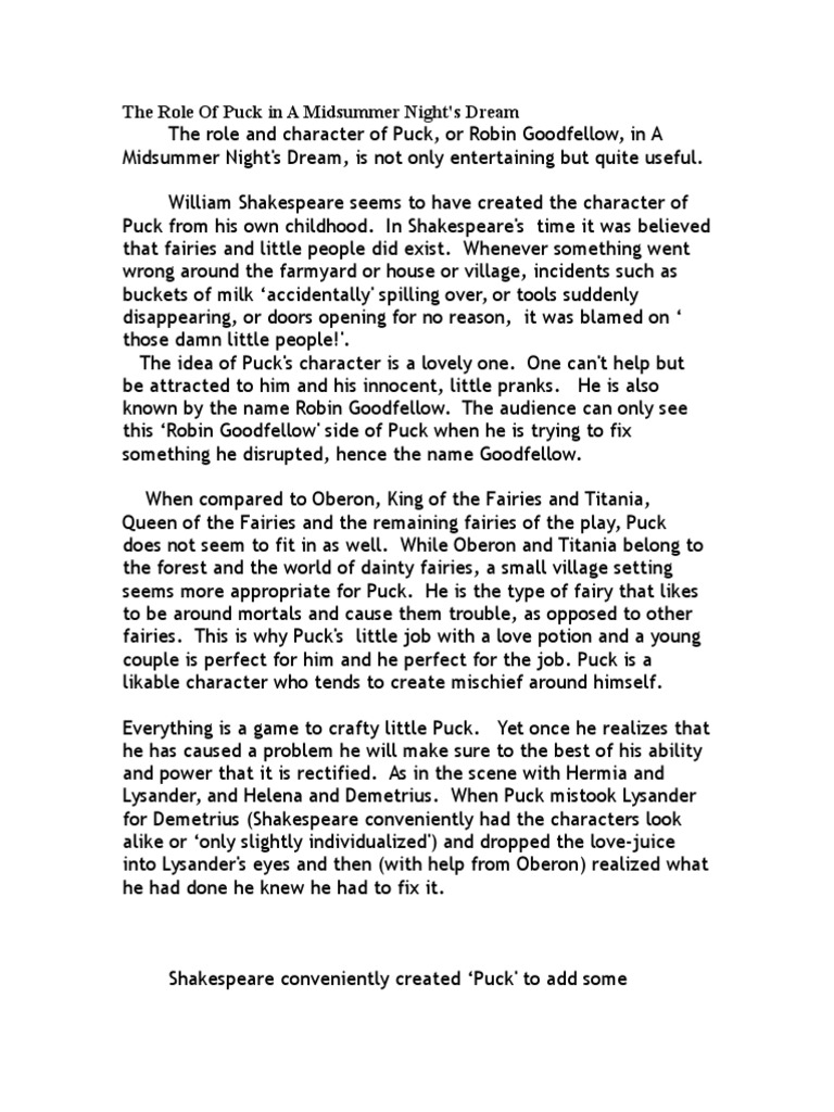 The Role of Puck in A Midsummer Night | PDF | English Legendary ...