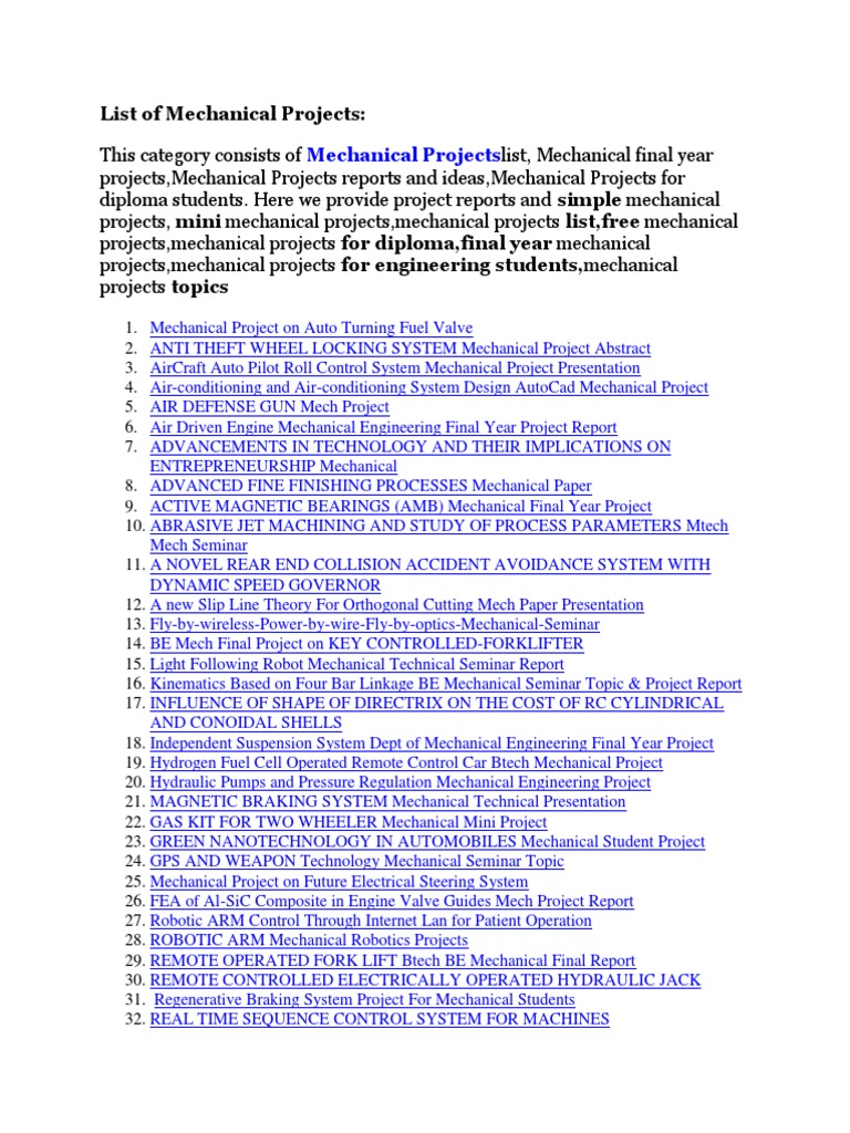Mechanical Engineering Projects For Final Year Diploma Students