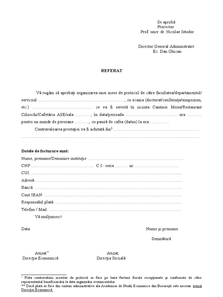 Model REFERAT Pentru Organizare Masa de Protocol