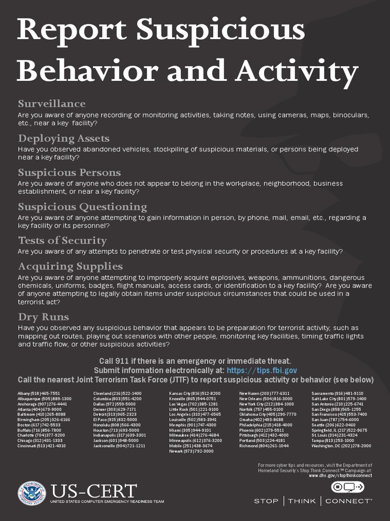 Stop Think Connect Report Suspicious Behavior Poster | PDF | Joint ...
