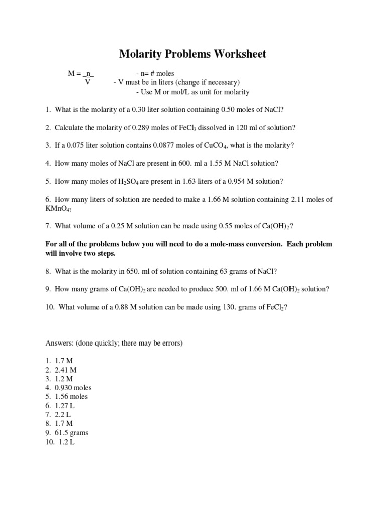 Molarity and Dilution Worksheets | PDF | Molar Concentration | Mole (Unit)