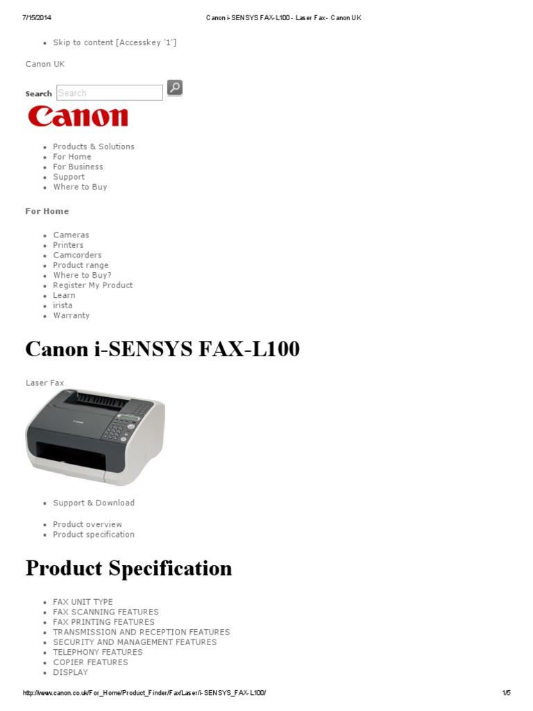 Canon I-Sensys Fax-L100 - Laser Fax - Canon Uk | PDF | Fax | Canon Inc.