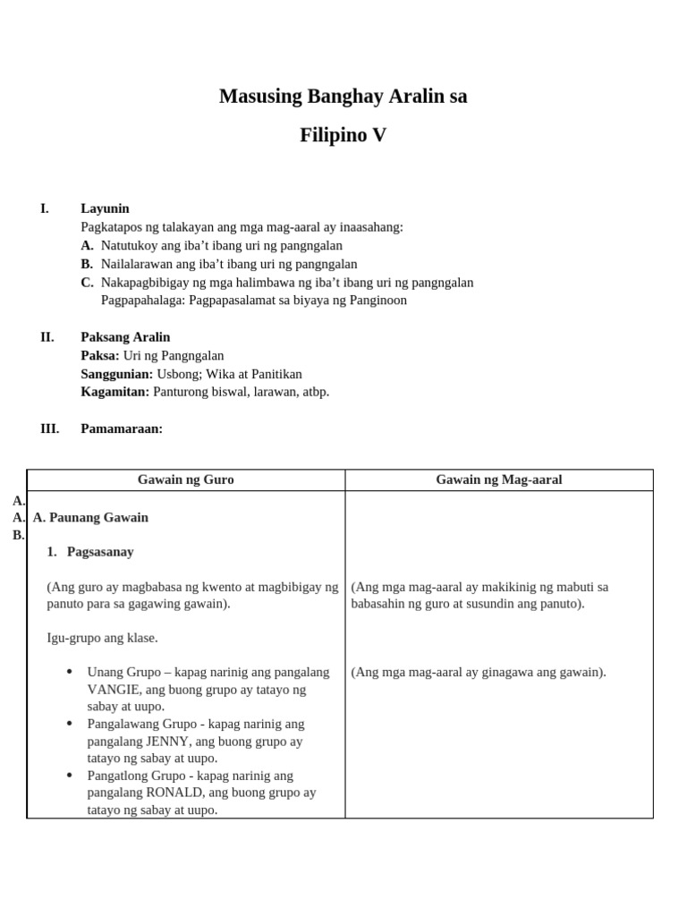 Masusing Banghay Aralin Sa Filipino V | PDF