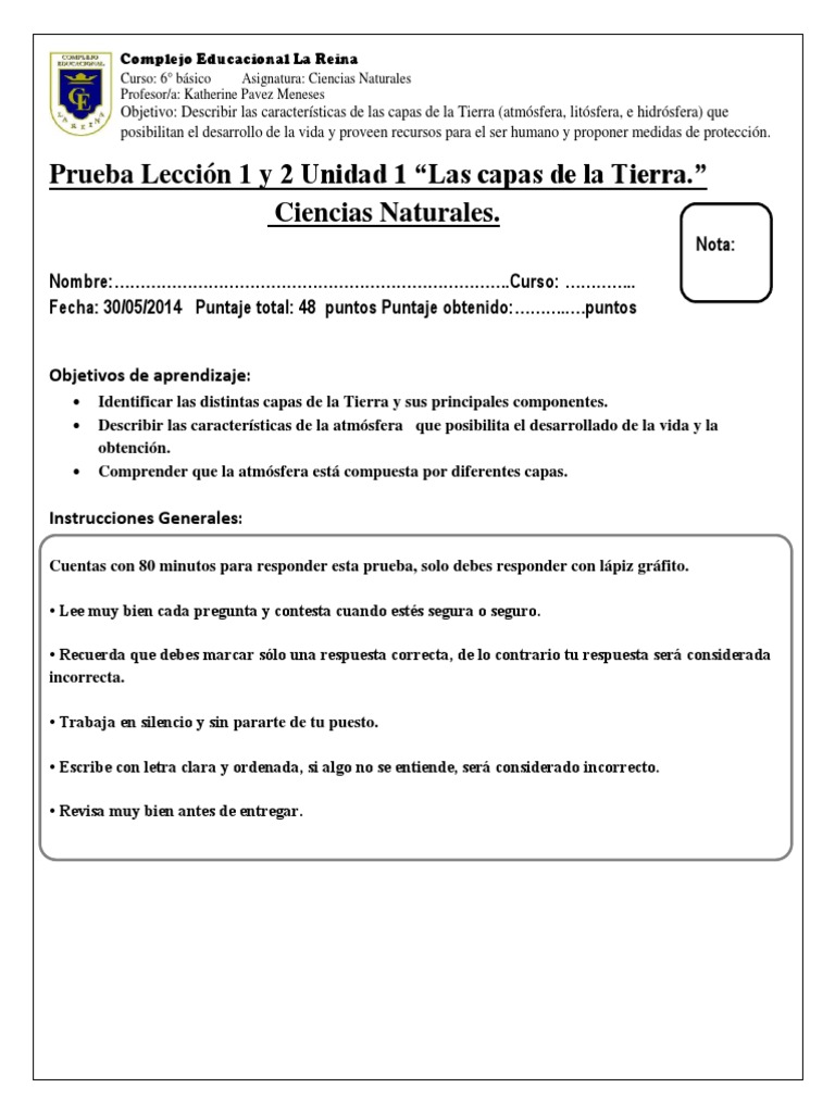 Prueba Capas de La Tierra | PDF | Atmósfera | Tierra