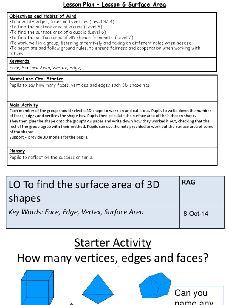 3D Shapes Surface Area Lesson | PDF | Surface Area | Euclidean Geometry