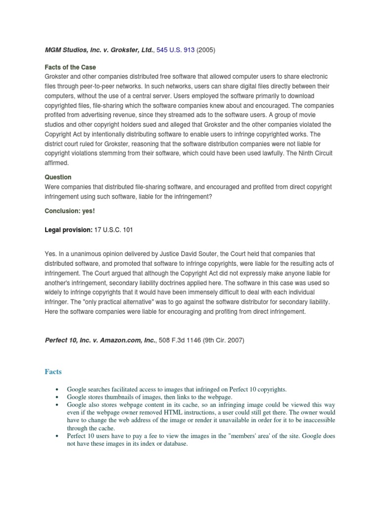 MGM Studios, Inc. v. Grokster, LTD.,: Facts of The Case | PDF ...