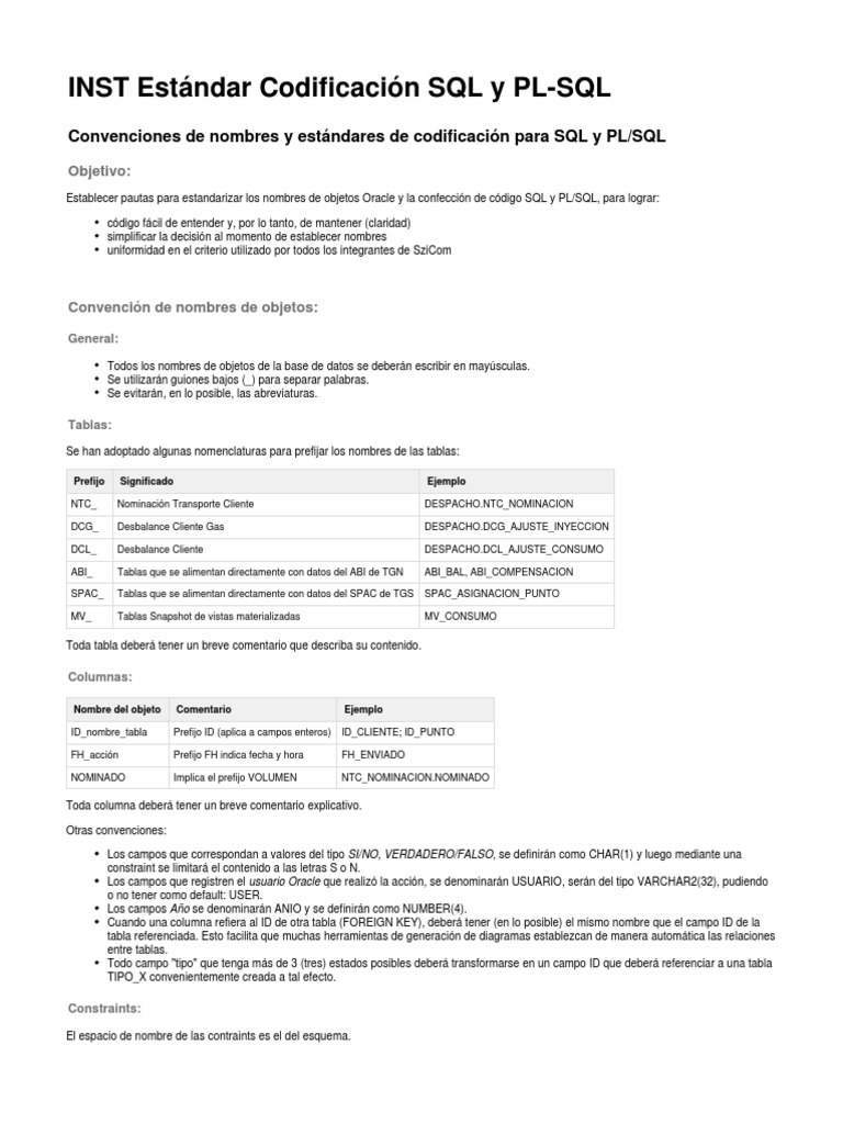 Estándares de Codificación SQL y PL/SQL | PDF | SQL | Tabla (base de datos)