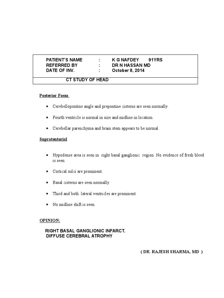 CT Head Study: Right Basal Ganglionic Infarct | PDF