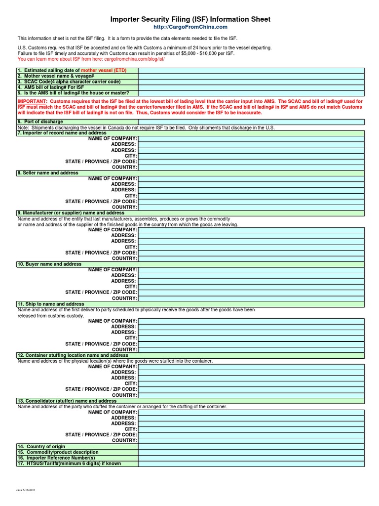 ISF 10+2 Blank Form PDF | PDF | Bill Of Lading | Commercial Item ...