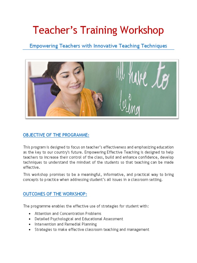 Teacher Training Workshop Proposal | PDF | Classroom | Applied Psychology