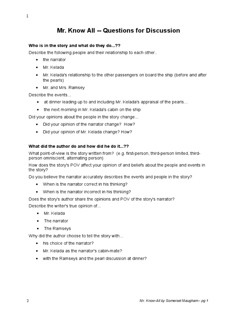 Mr Know-All questions Somerset Maugham | PDF | Narration | Leisure