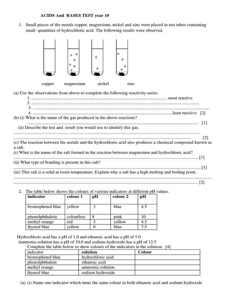 Acids and Bases Test Year 10 | Ph | Acid