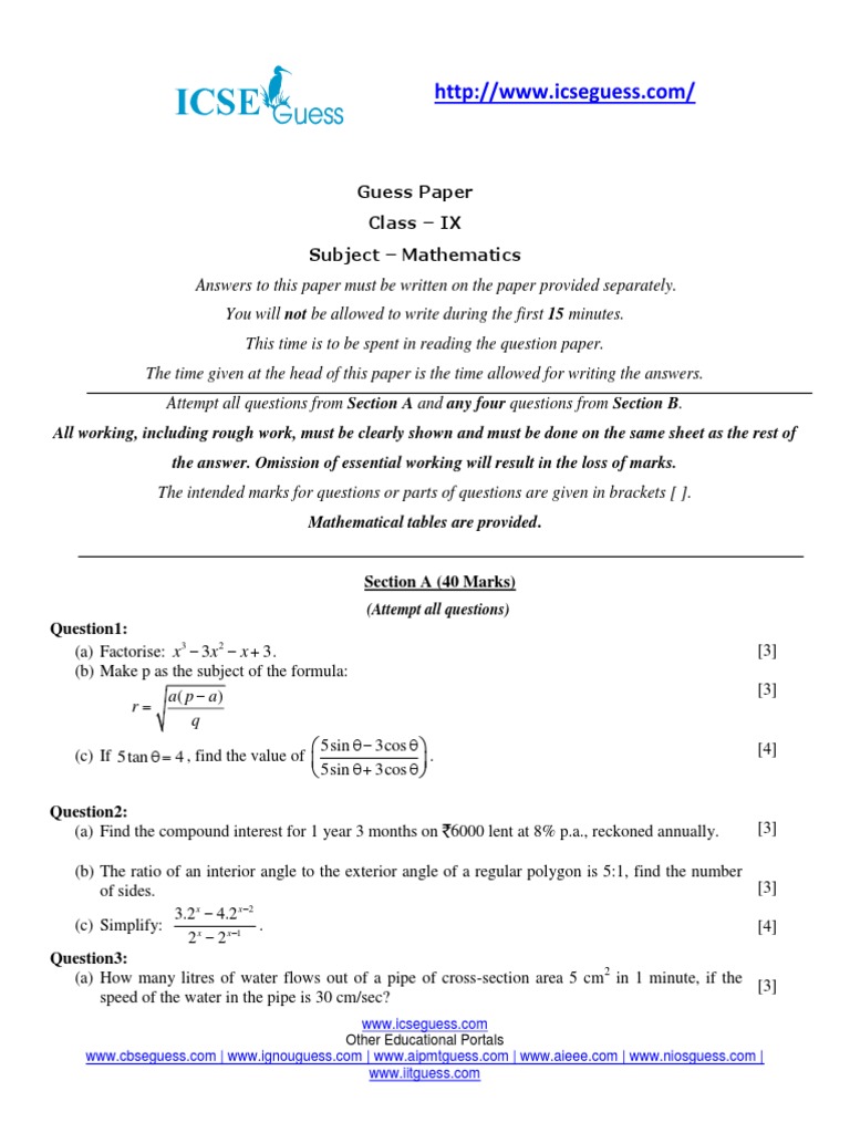 ICSE Class 9 Maths Sample Paper 2024 | PDF | Geometry | Elementary Geometry